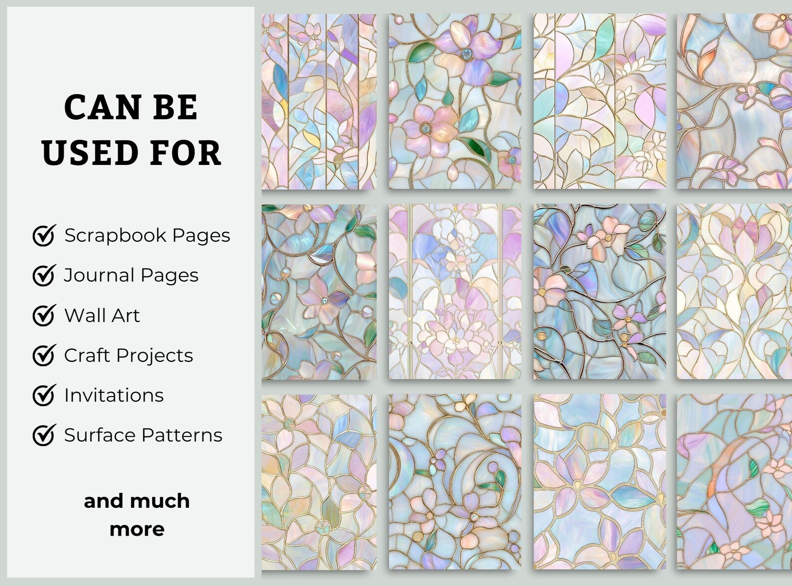 Stained Glass Spring Florals Digital Paper Bundle: 68 Seamless Patterns ...