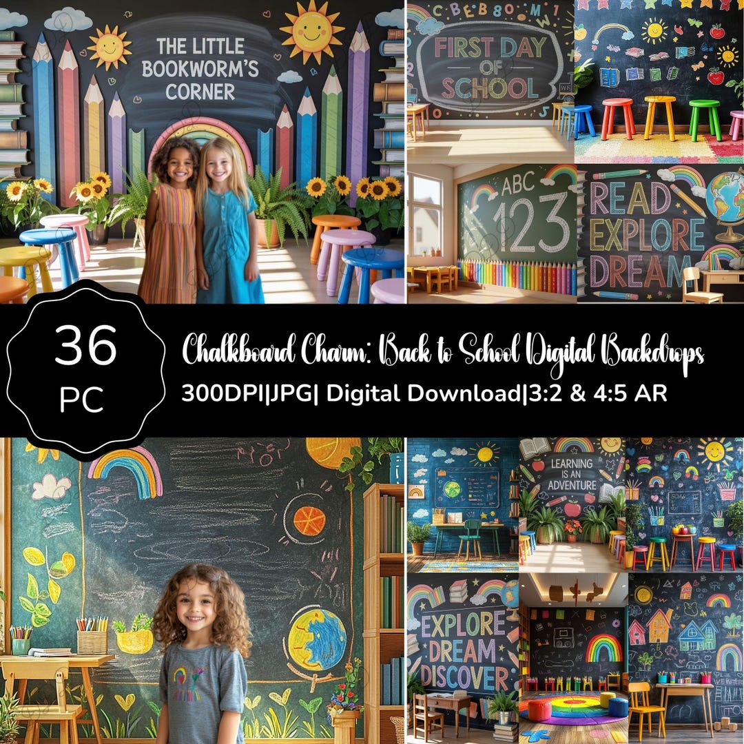 Chalkboard Back to School Digital Backdrops, 36 JPG Classroom ...