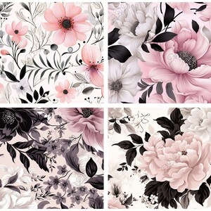 Pink & Black Watercolor Floral Digital Paper, Seamless Patterns, 20 JPG ...