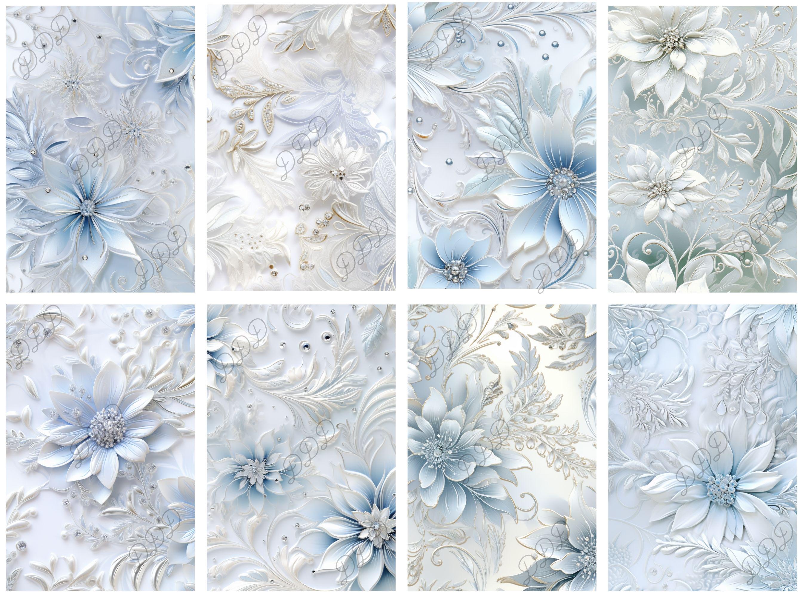 Blue Silver & White Floral Digital Paper: Winter Flower Backgrounds ...