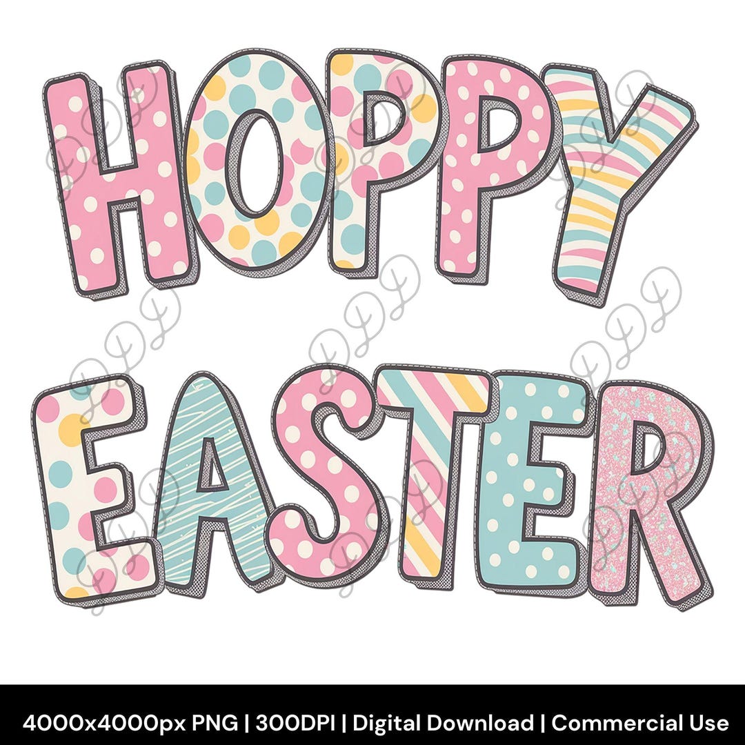 Hoppy Easter PNG, Pastel Polka Dot & Striped Letters Sublimation Design ...