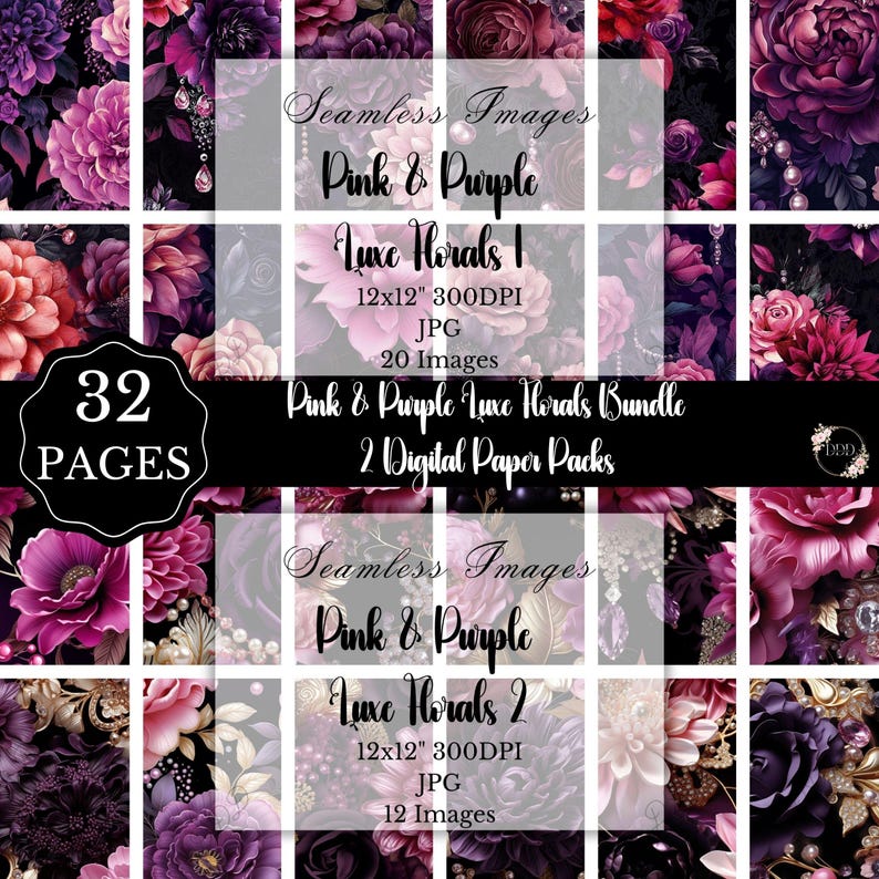 Pink & Purple Floral Digital Paper Bundle: Dark Luxe Floral Seamless ...