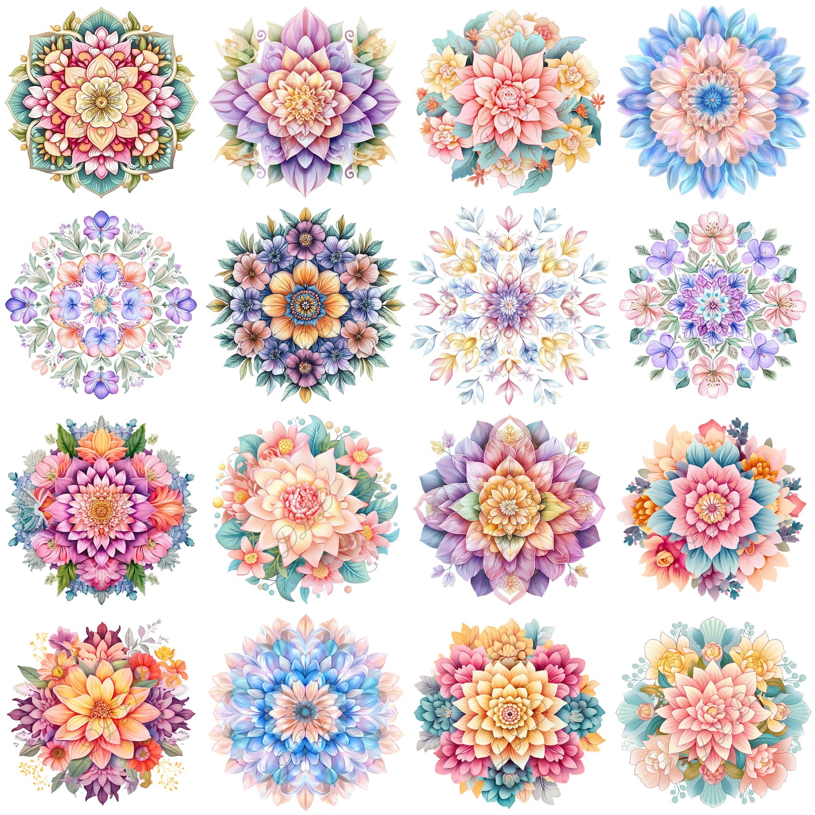 Spring Floral Mandalas Clipart Set, 40 PNG Files, Digital Download ...