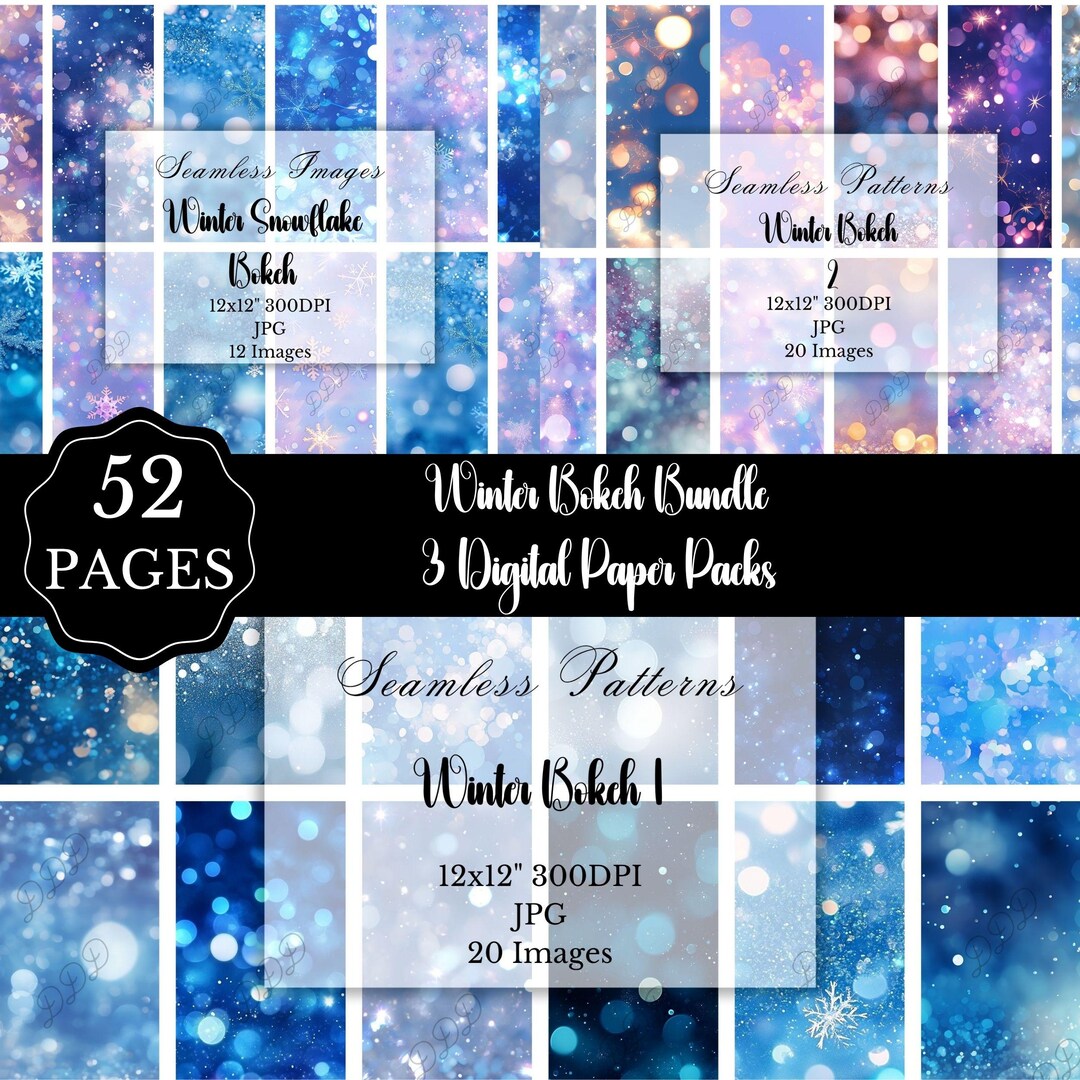 Blue Winter Bokeh Digital Paper Bundle: Glitter Lights & Snowflake ...