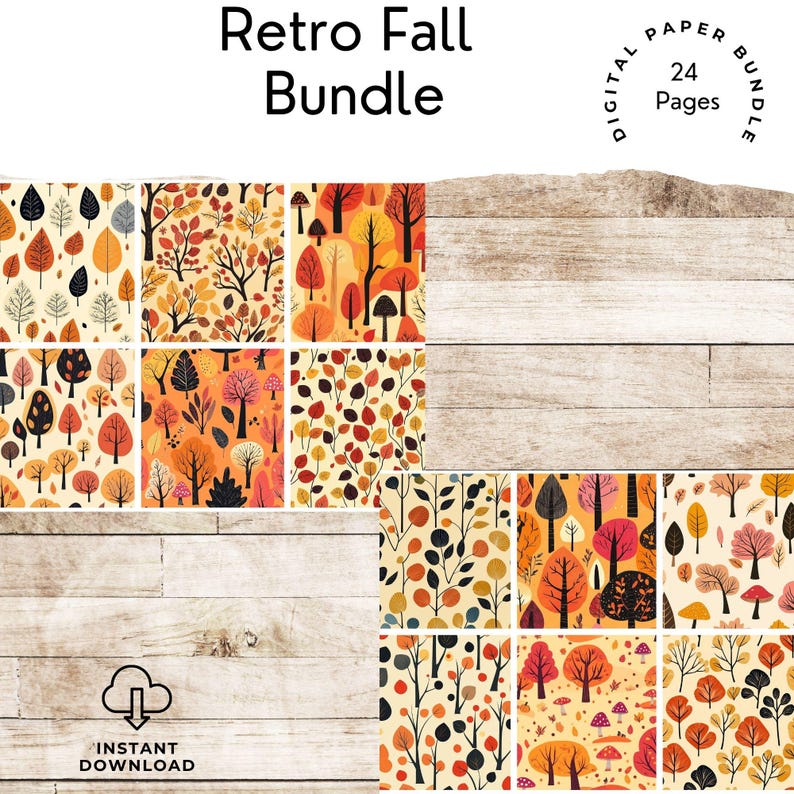 Retro Fall Digital Paper Bundle, Autumn Leaves Patterns, 24 JPG ...