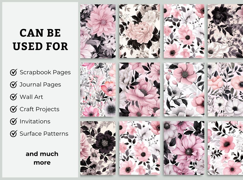 Pink & Black Watercolor Floral Digital Paper: Seamless Patterns ...