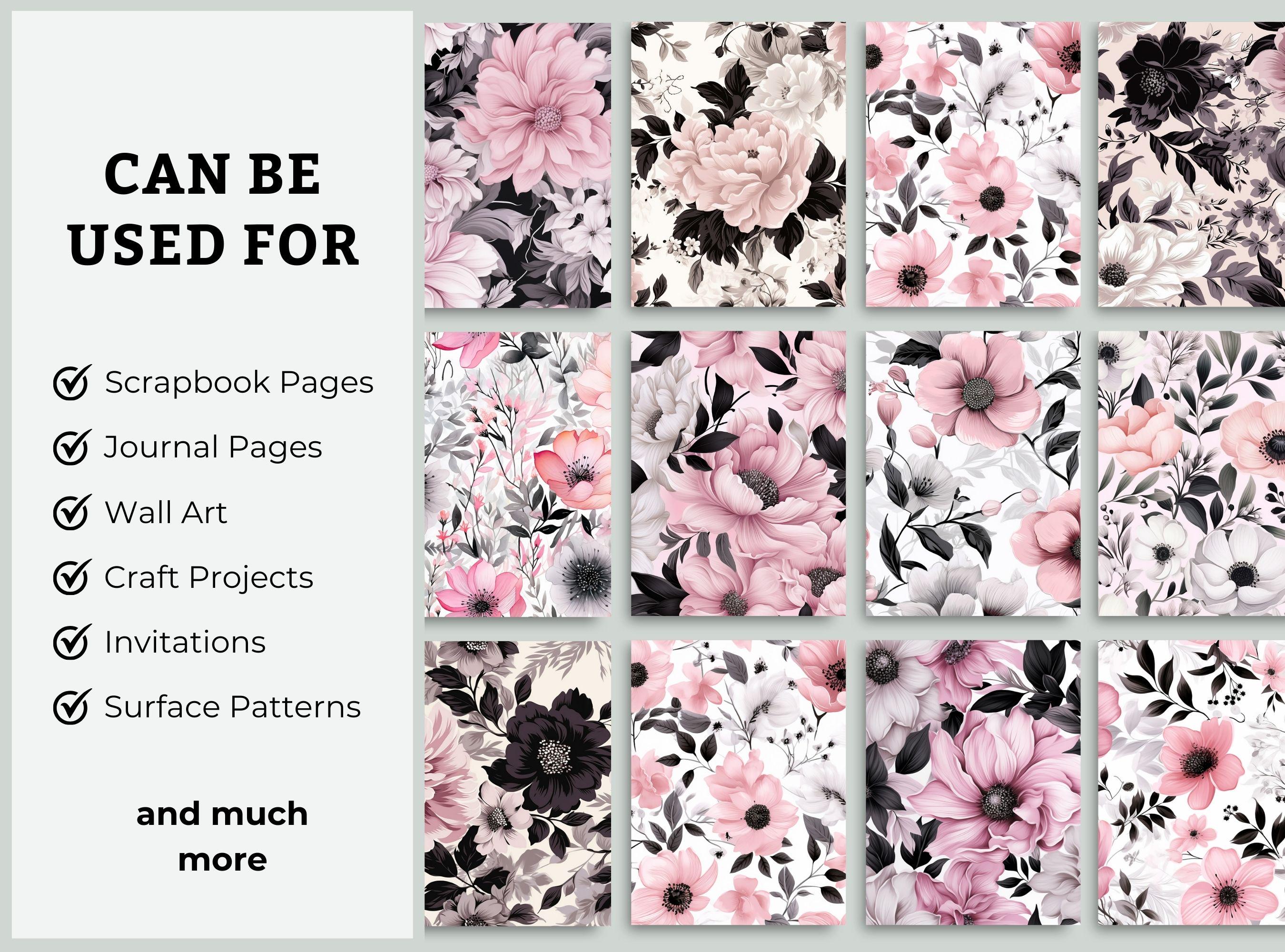 Pink & Black Watercolor Floral Digital Paper, Seamless Patterns, 20 JPG ...