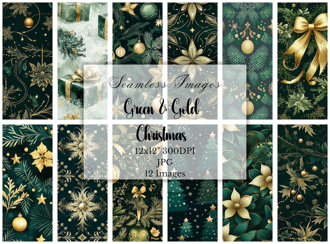 Green & Gold Christmas Digital Paper: Tree + Ornaments Backgrounds ...