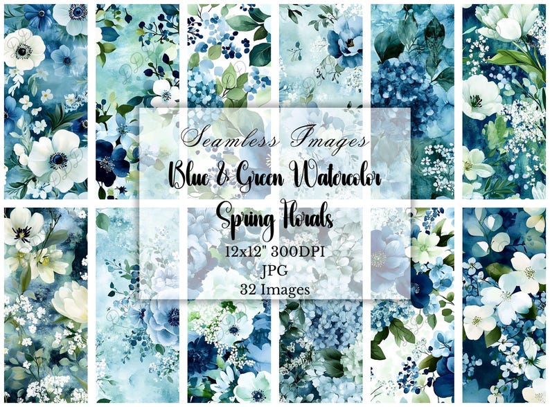 Blue & Green Floral Digital Paper: Pack, 32 JPG Seamless Patterns ...