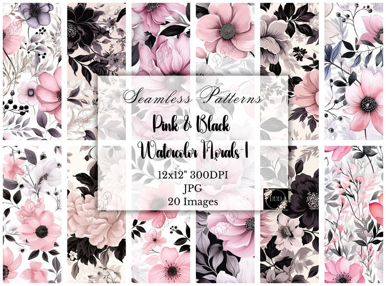 Pink & Black Watercolor Floral Digital Paper: Seamless Patterns ...