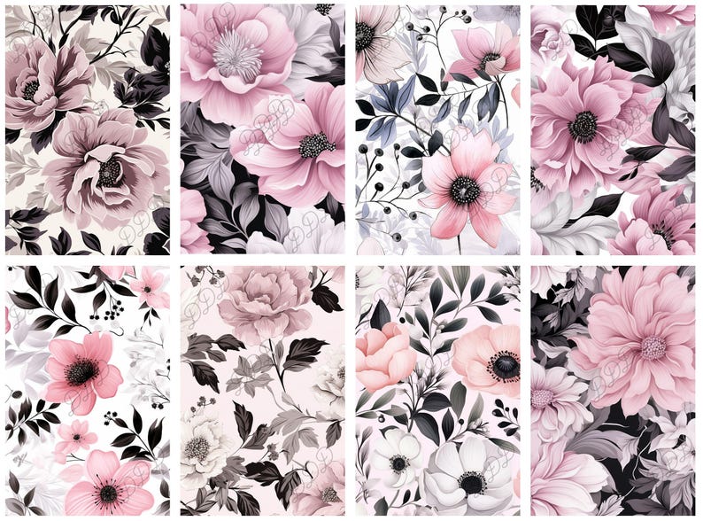 Pink & Black Watercolor Floral Digital Paper, Seamless Patterns, 20 JPG ...