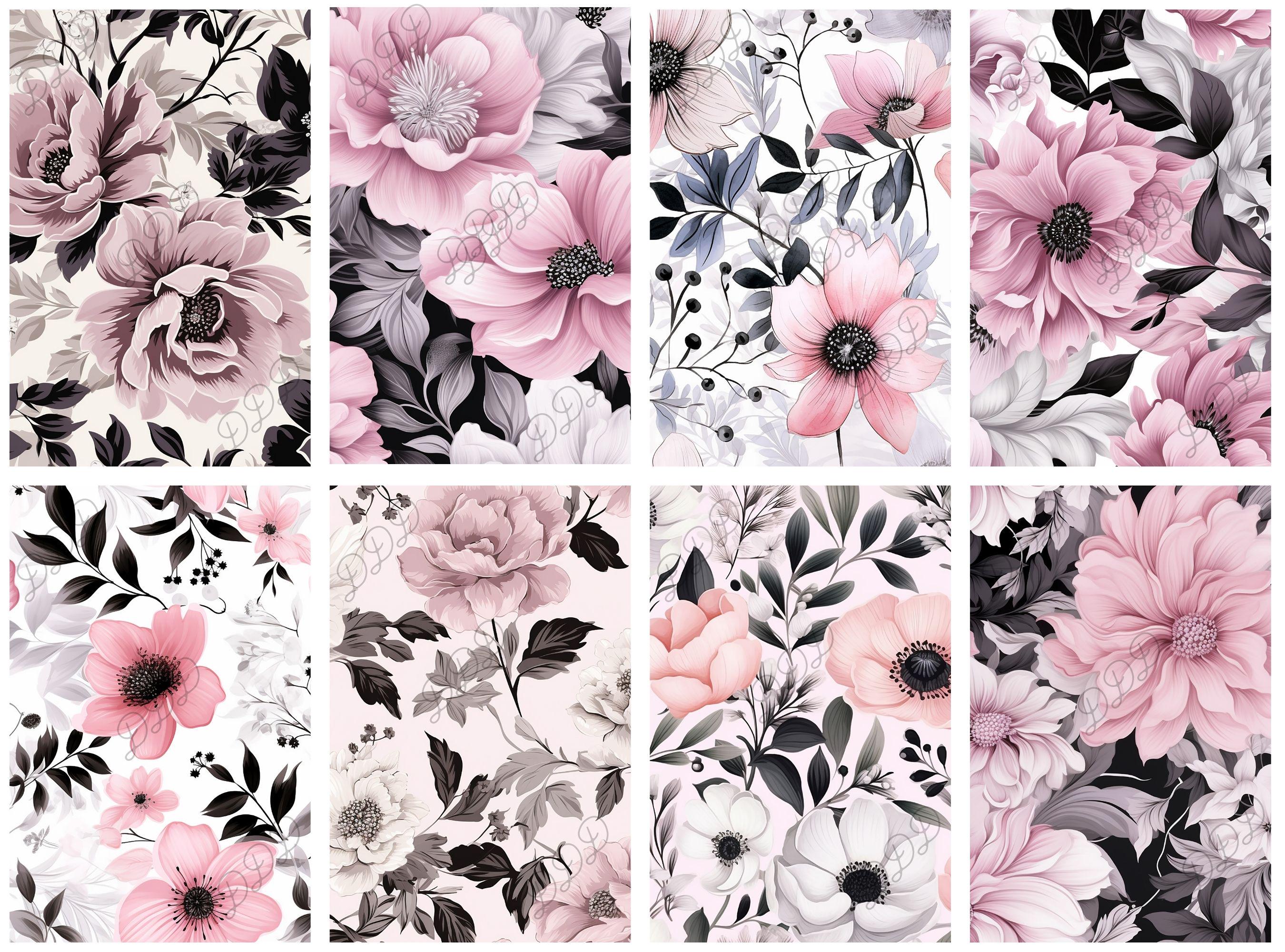 Pink & Black Watercolor Floral Digital Paper, Seamless Patterns, 20 JPG ...