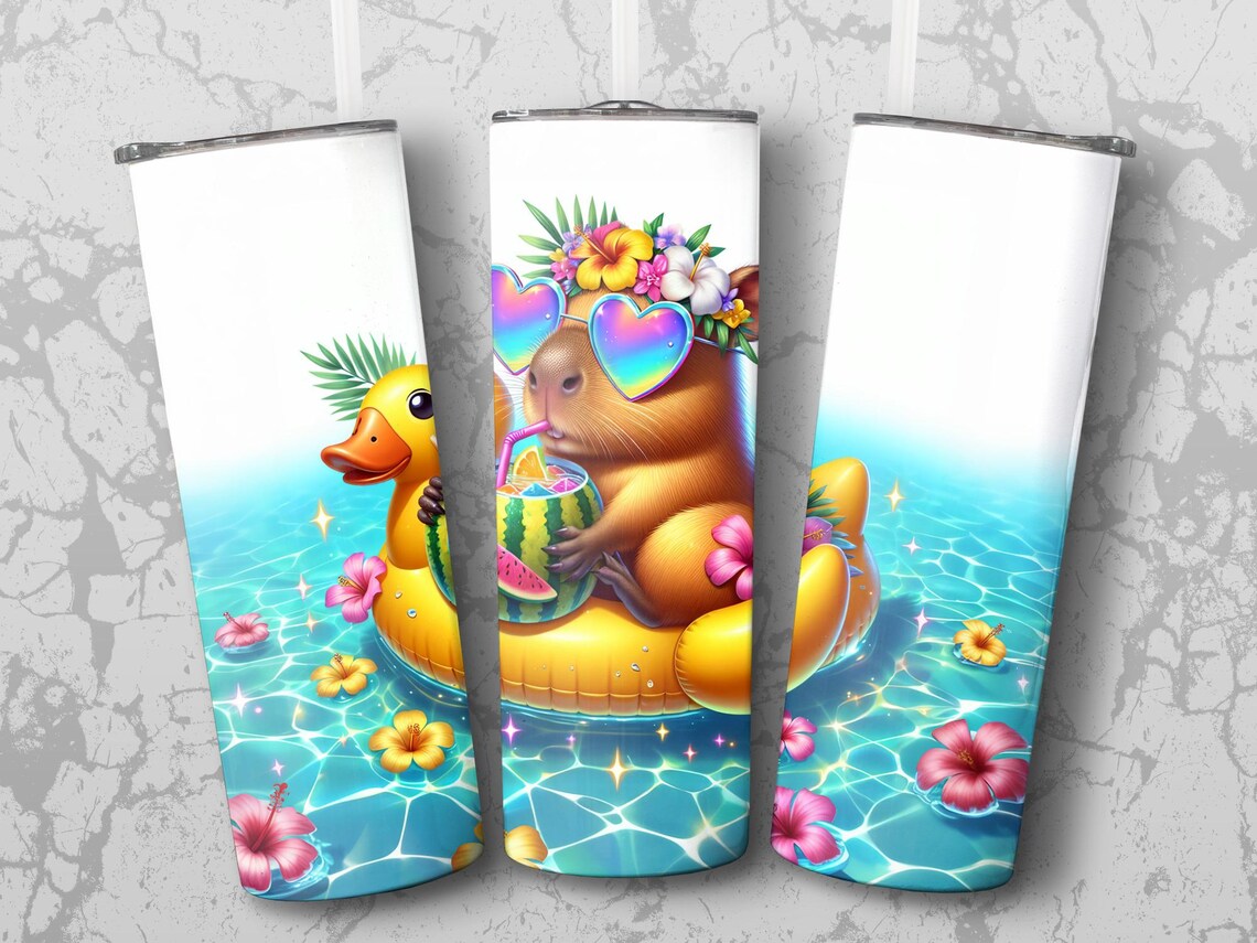 Tropical Kawaii Capybara Tumbler Wrap PNG, Summer Duck Float, 20oz ...