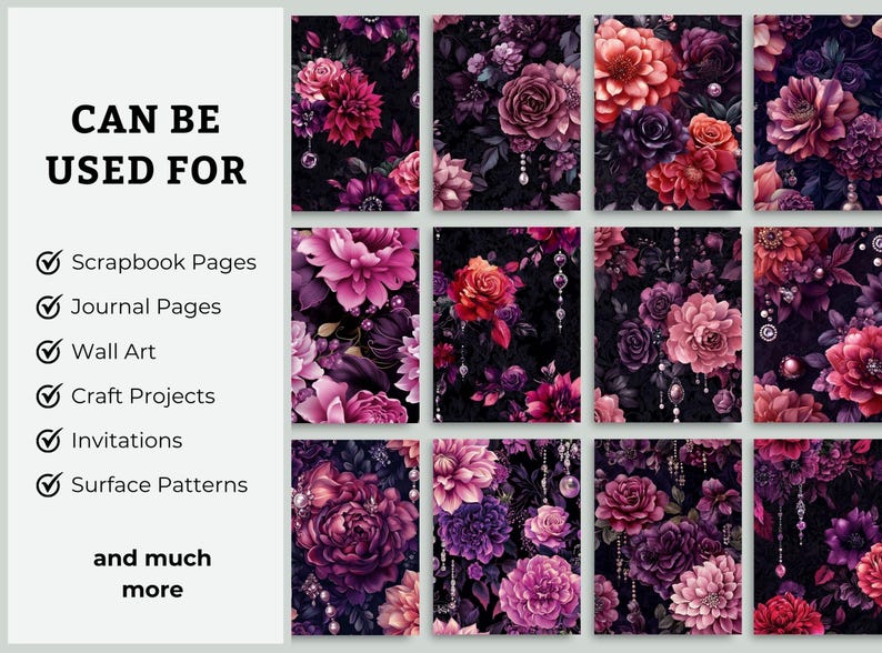 Pink & Purple Floral Digital Paper Bundle: Dark Luxe Floral Seamless ...