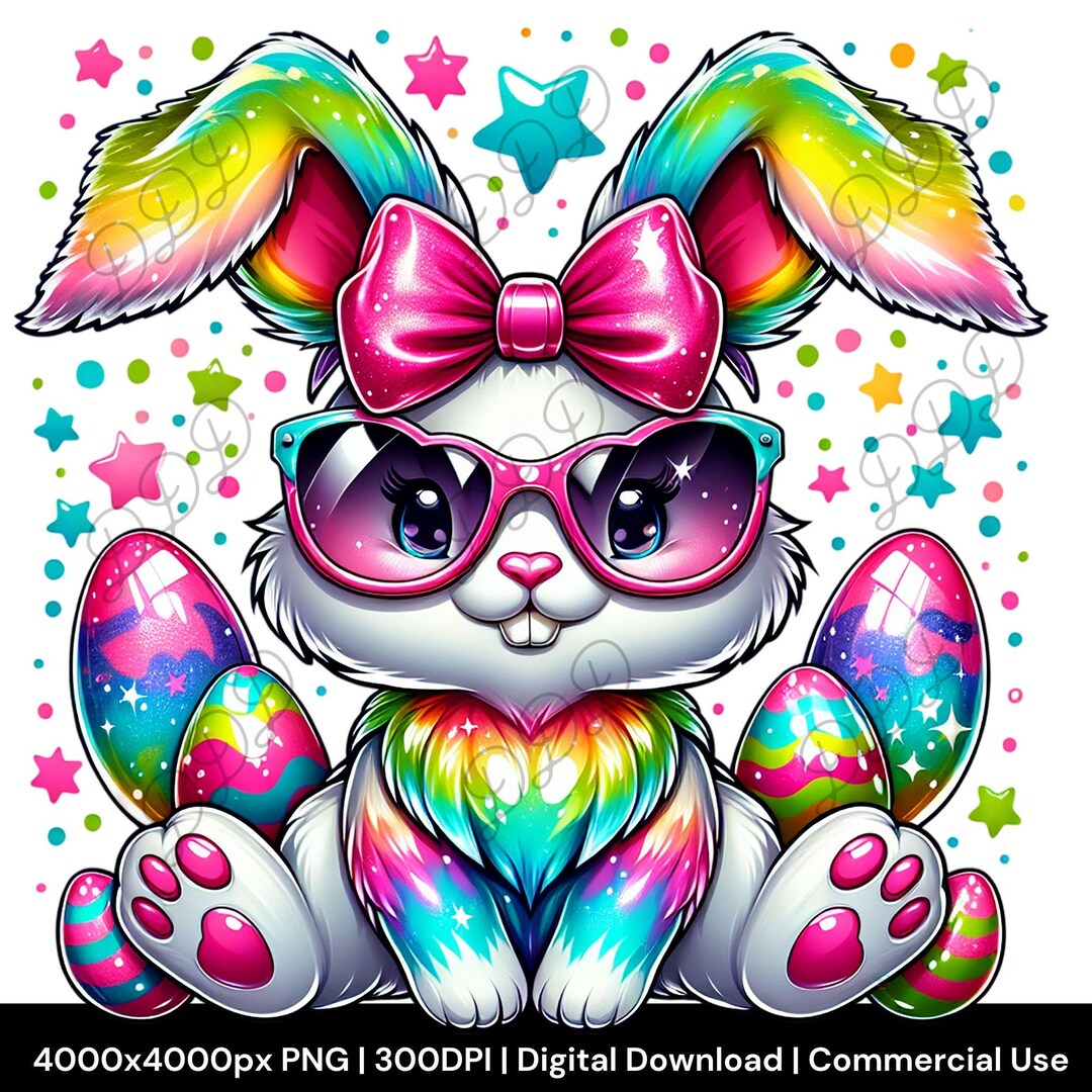 Rainbow Easter Bunny Sublimation PNG, Sunglasses, Glitter Eggs & Stars ...