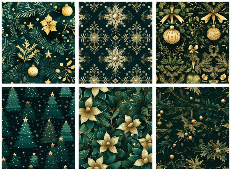Green & Gold Christmas Digital Paper: Tree + Ornaments Backgrounds ...