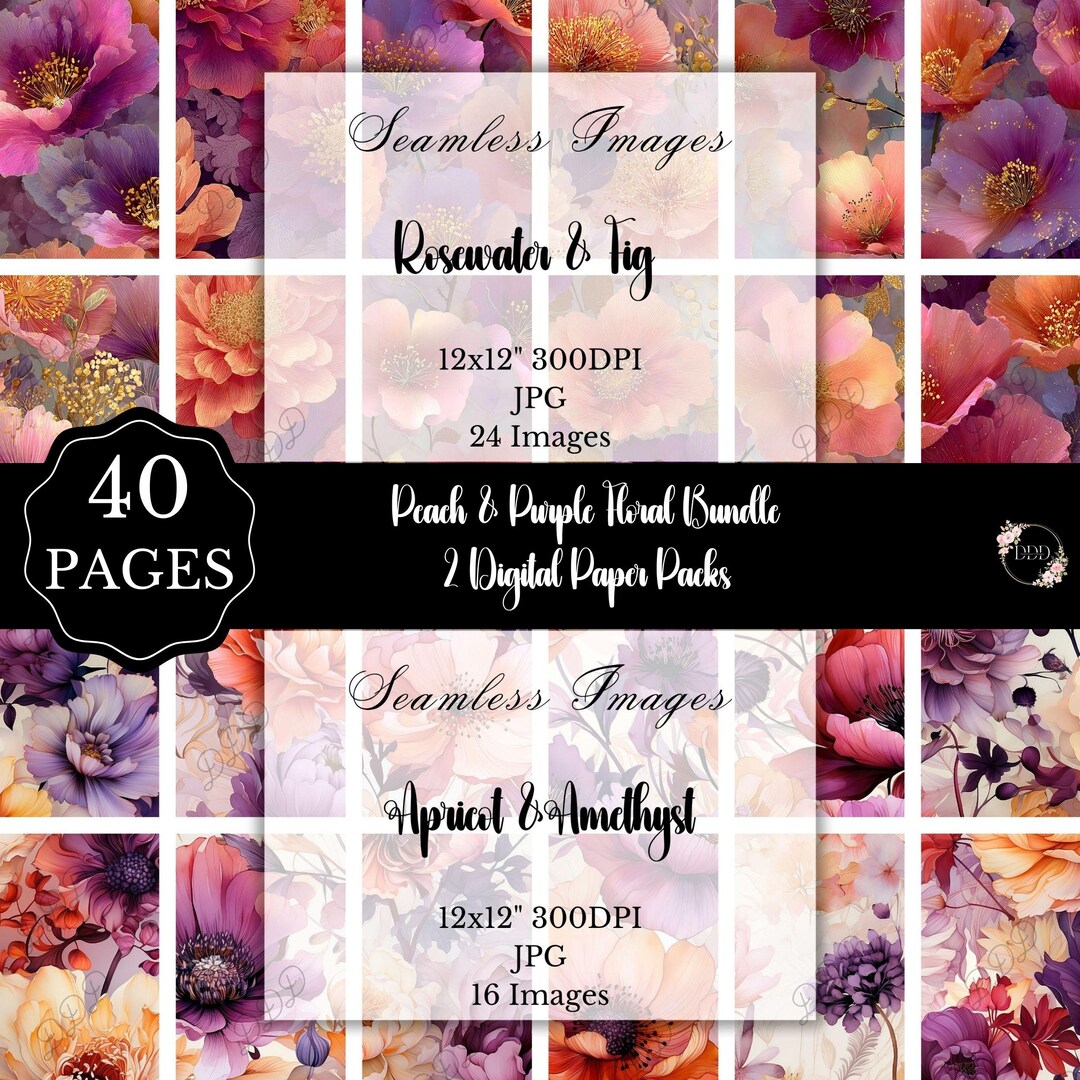 Peach & Purple Floral Digital Paper Bundle: Seamless Scrapbook Paper ...