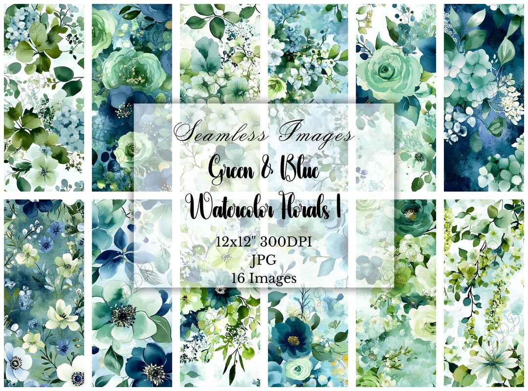 Green & Blue Watercolor Floral Digital Paper, 16 Seamless Jpgs ...