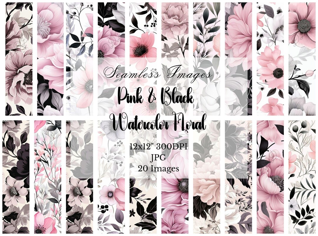 Pink & Black Watercolor Floral Digital Paper, Seamless Patterns, 20 JPG ...