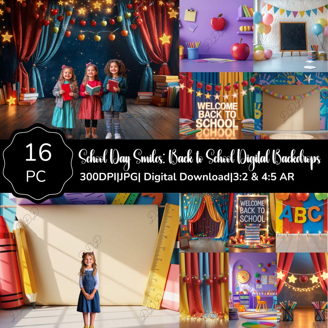 Back to School Digital Photo Backdrops, 16 JPG Classroom Backgrounds ...