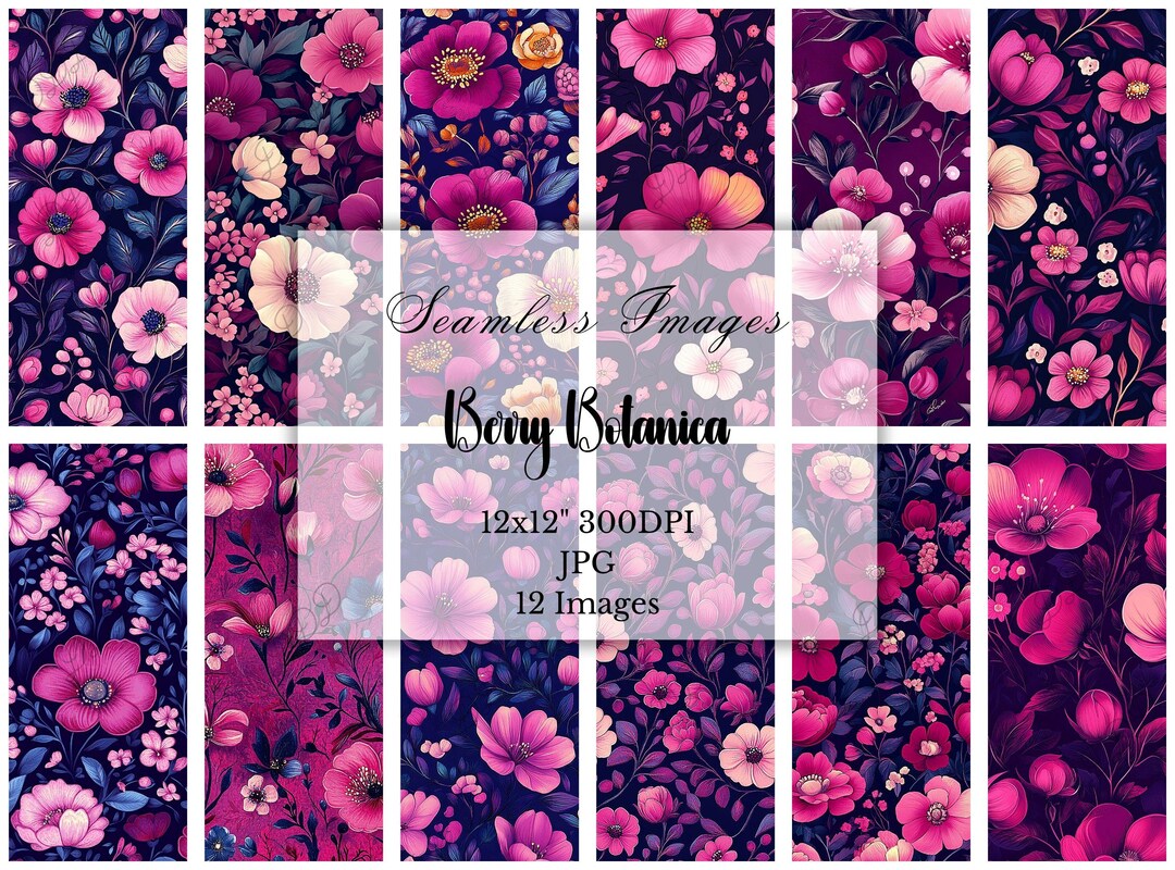 Purple, Fuchsia, Magenta Flower Digital Paper, Dark Moody Botanicals ...