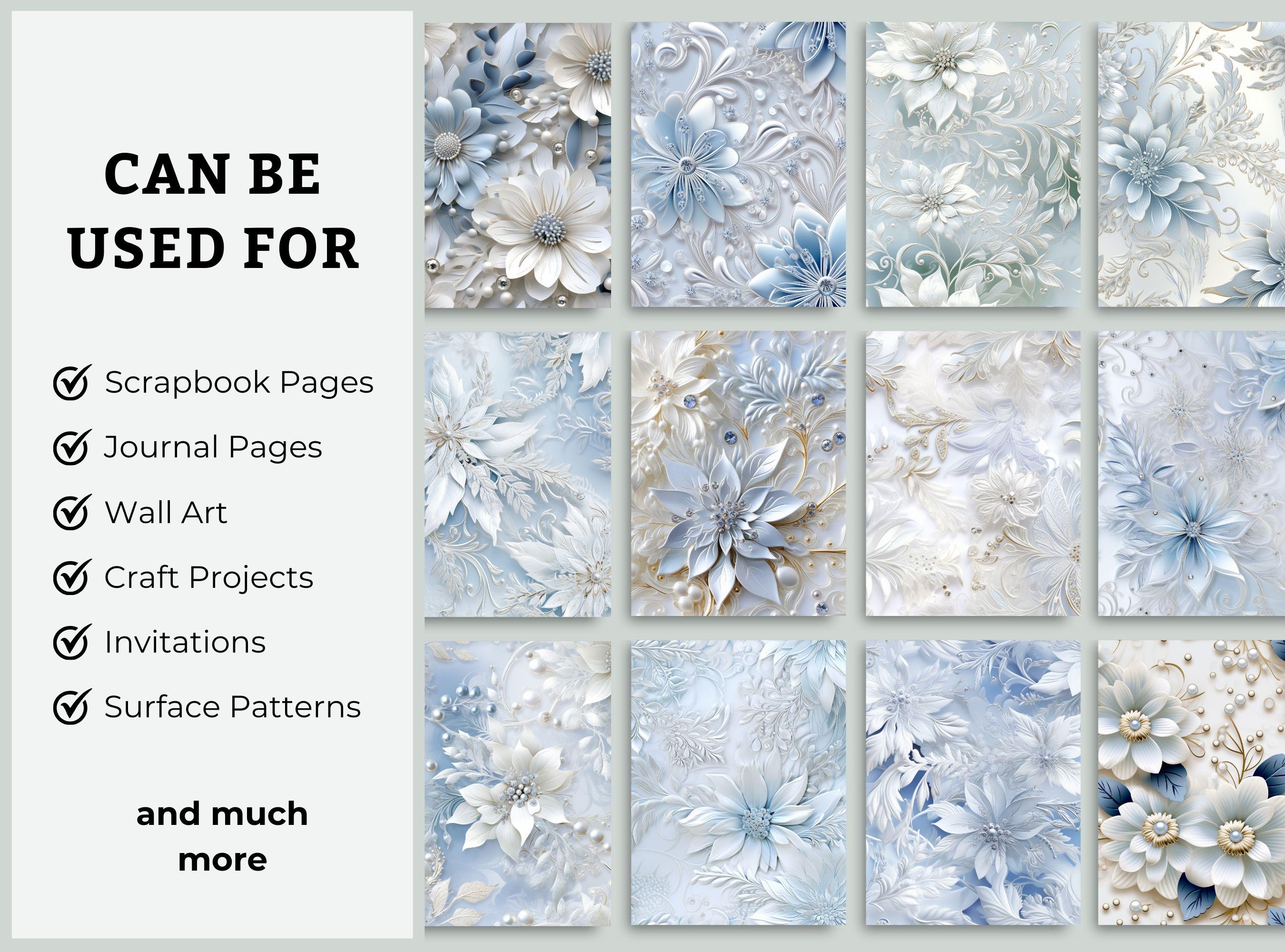 Blue Silver & White Floral Digital Paper: Winter Flower Backgrounds ...