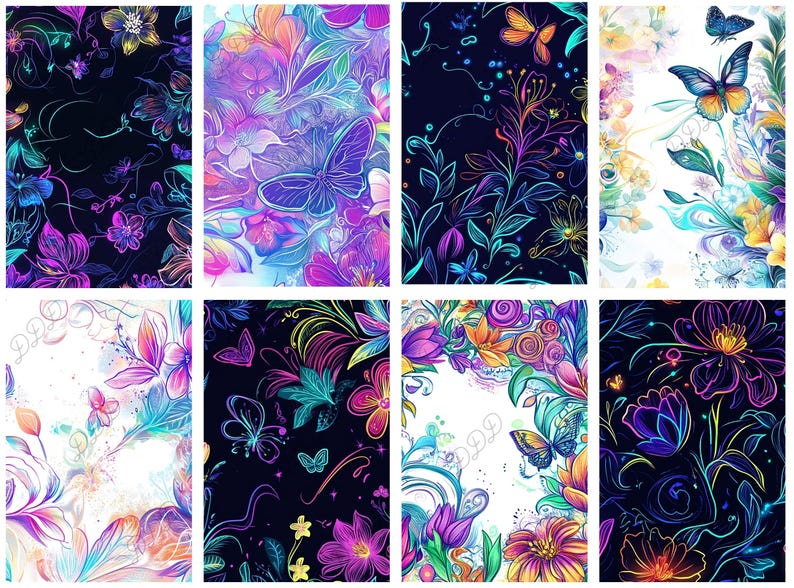 Neon Spring Florals Digital Paper: Glow Floral Backgrounds, Seamless ...