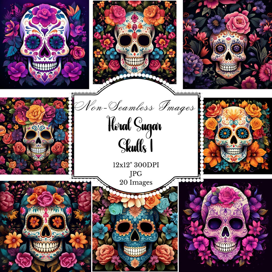 Printable Floral Sugar Skulls Digital Paper, Non-seamless Skull ...