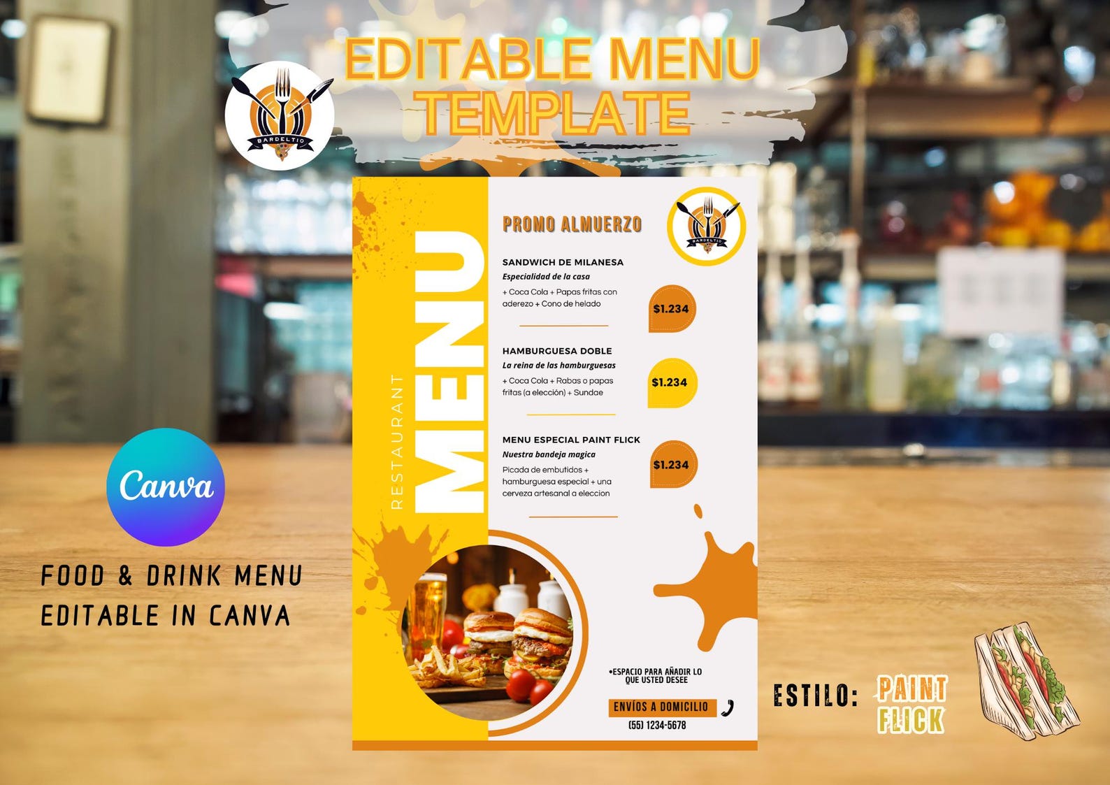 Editable Restaurant Menu Template, Food and Drinks, Paint Flick Style ...