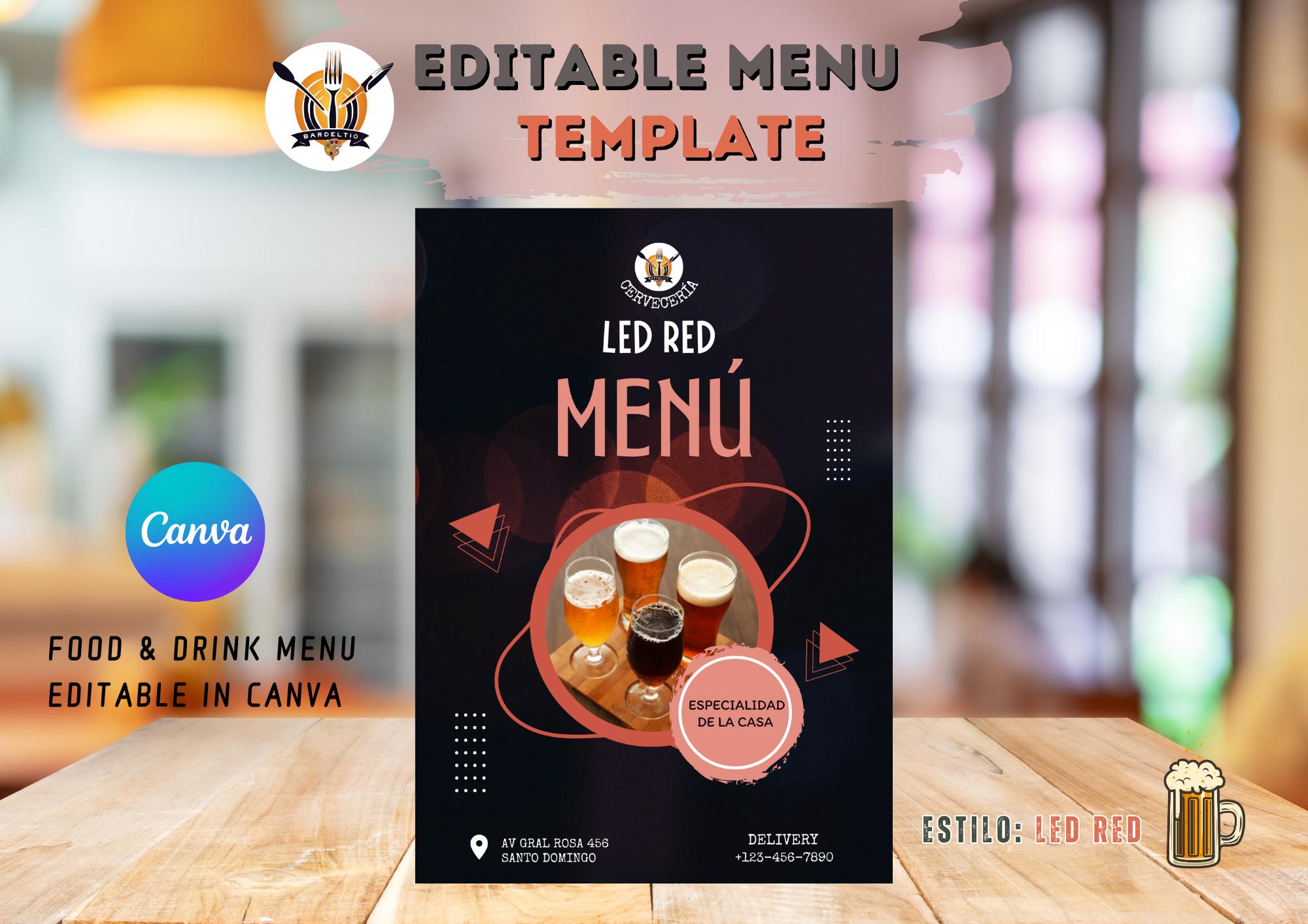 Editable Brewery Menu Template, Food and Drink Menu, Red Led Style ...