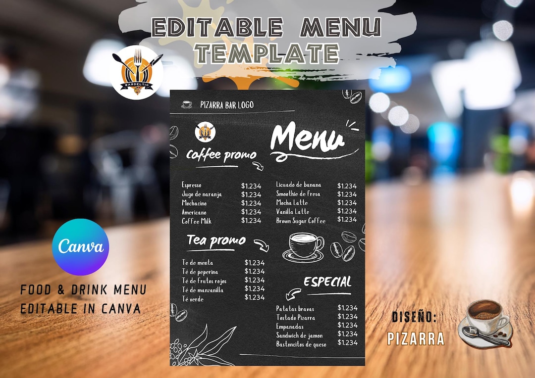 Editable Cafe Menu Template, Food and Drinks, Chalkboard Style Cafe ...