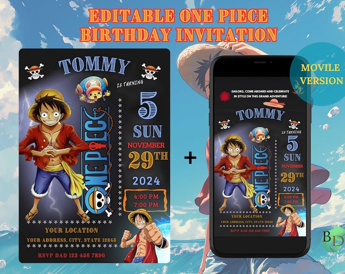 Anime Luffy Pirate Birthday Party Invitation W/ Thank You Cards Digital ...