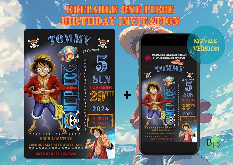 Editable One Piece Birthday Invitation, Canva Digital Template, Pirate ...
