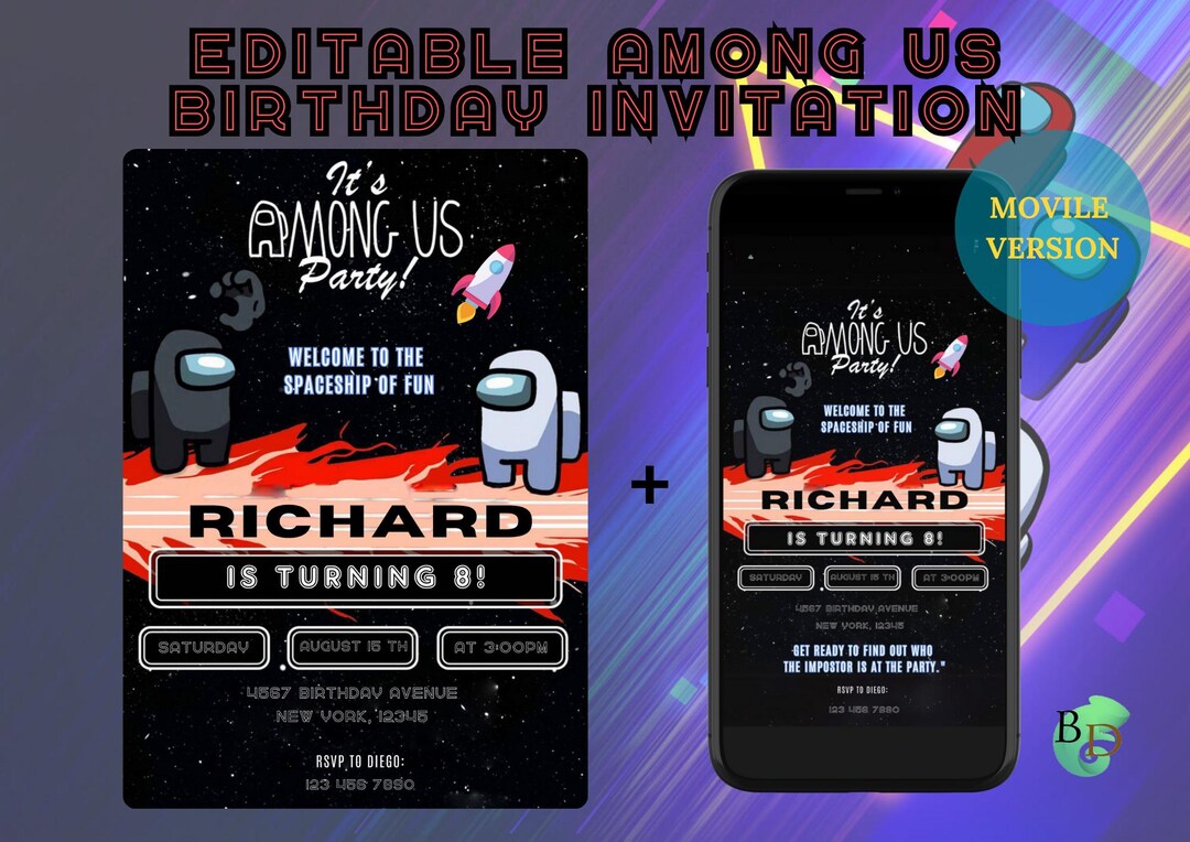 Editable Among Us Birthday Invitation, Canva Digital Template, Kids ...