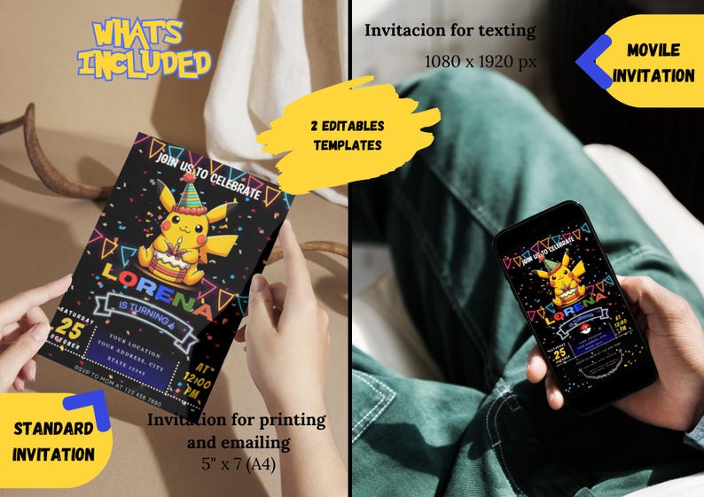 Invitación de Cumpleaños Editable de Pikachu, plantilla digital Canva ...