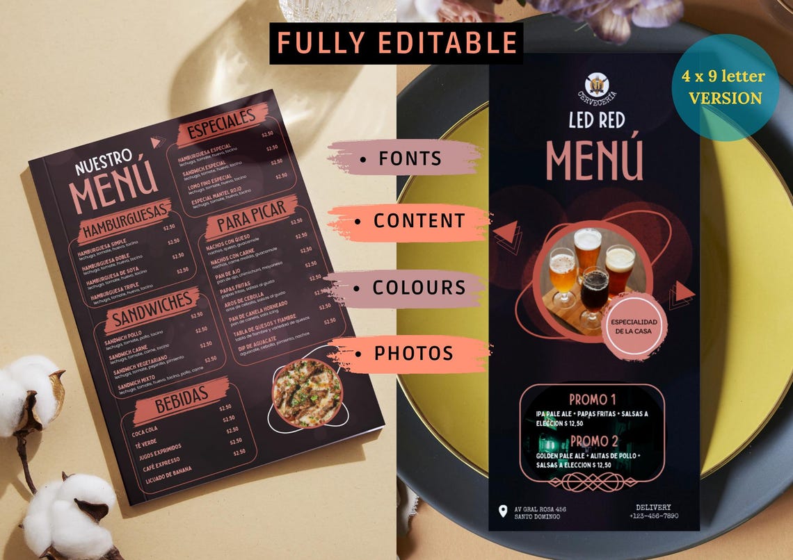Editable Brewery Menu Template, Food and Drink Menu, Red Led Style ...