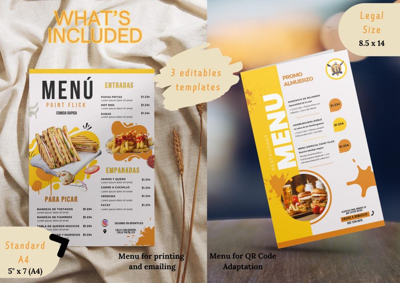 Editable Restaurant Menu Template, Food and Drinks, Paint Flick Style ...