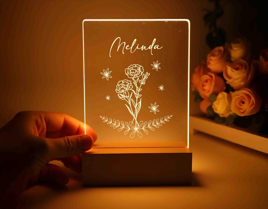 Custom Name Engraved Led Lamp, Personalized Gift, Birth Month Flower ...