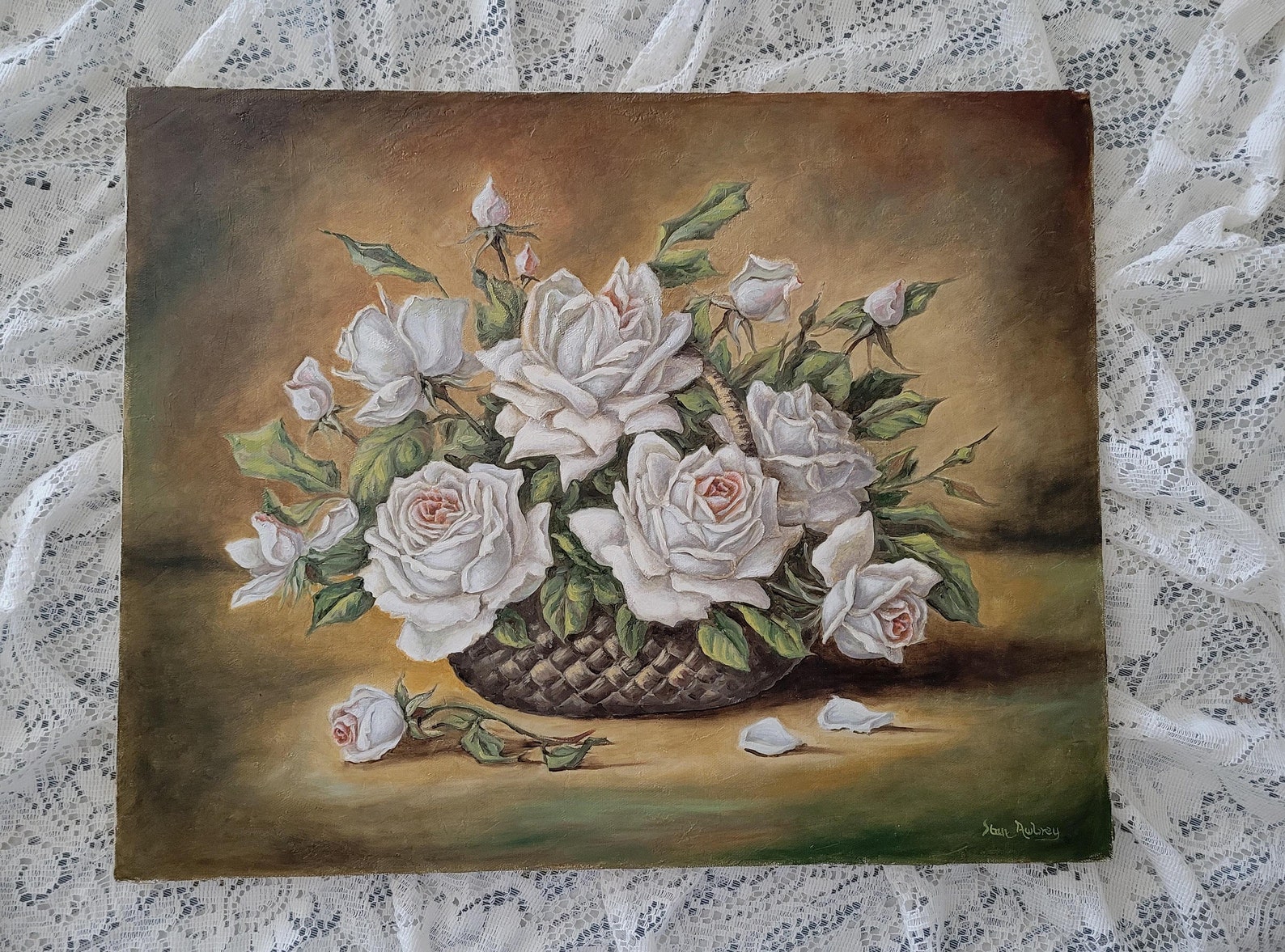 White Roses Painting Oil on Canvas E1631 Vintage Stan - Etsy