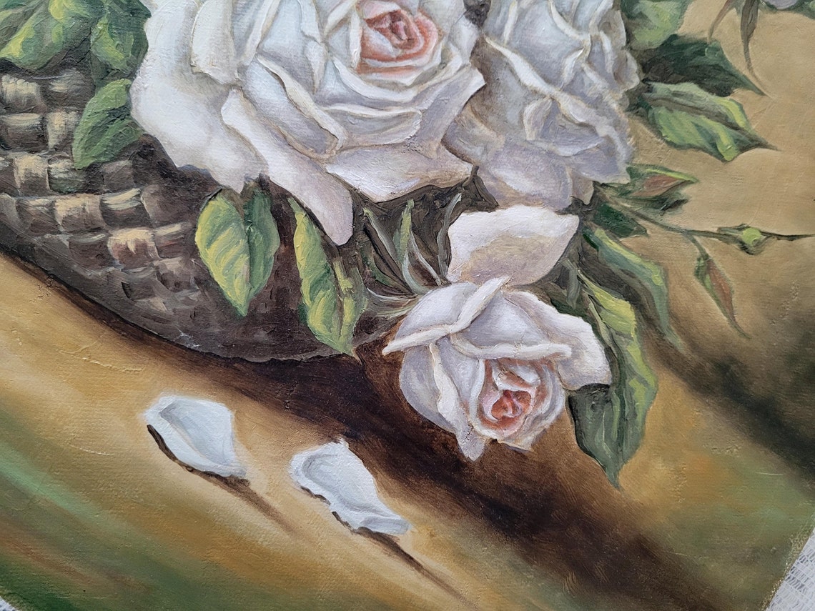 White Roses Painting Oil on Canvas E1631 Vintage Stan - Etsy