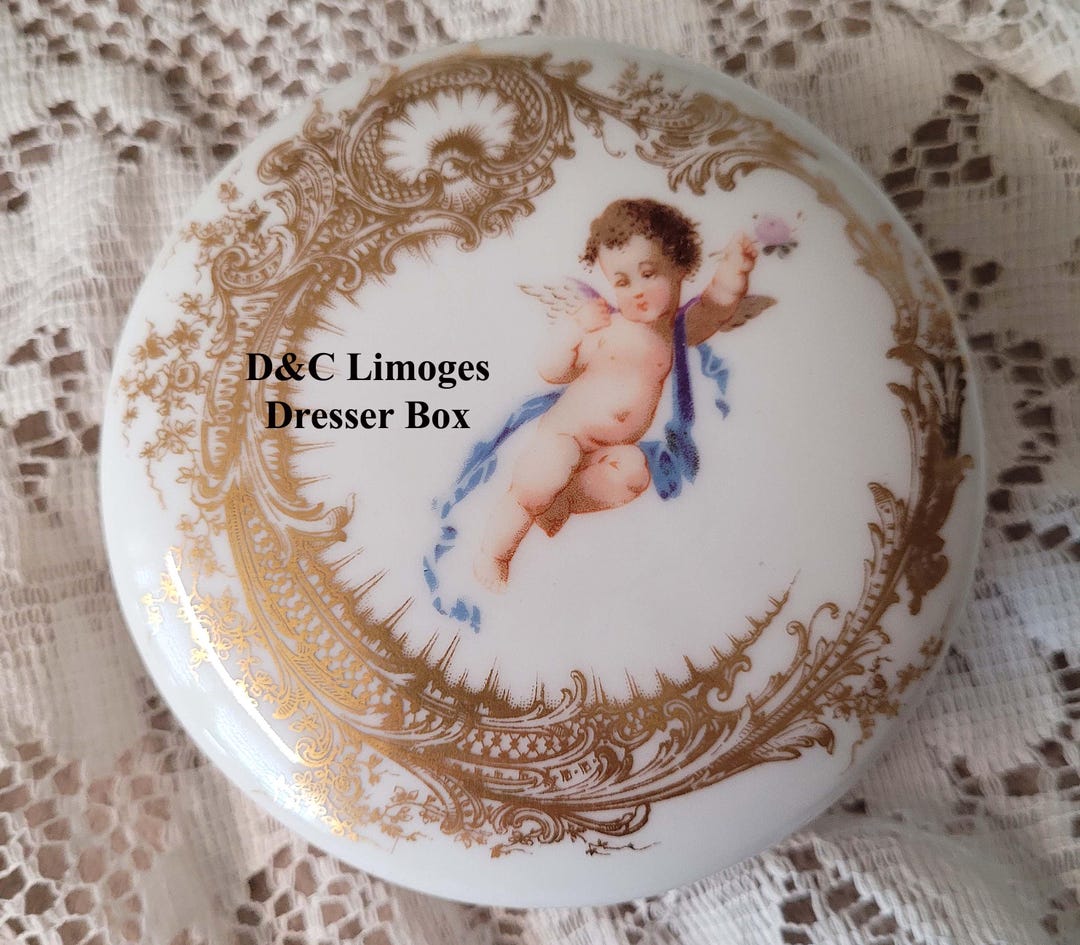Limoges Cupid Gold FRENCH Powder Box Antique C1863-1880 Dresser Vanity ...
