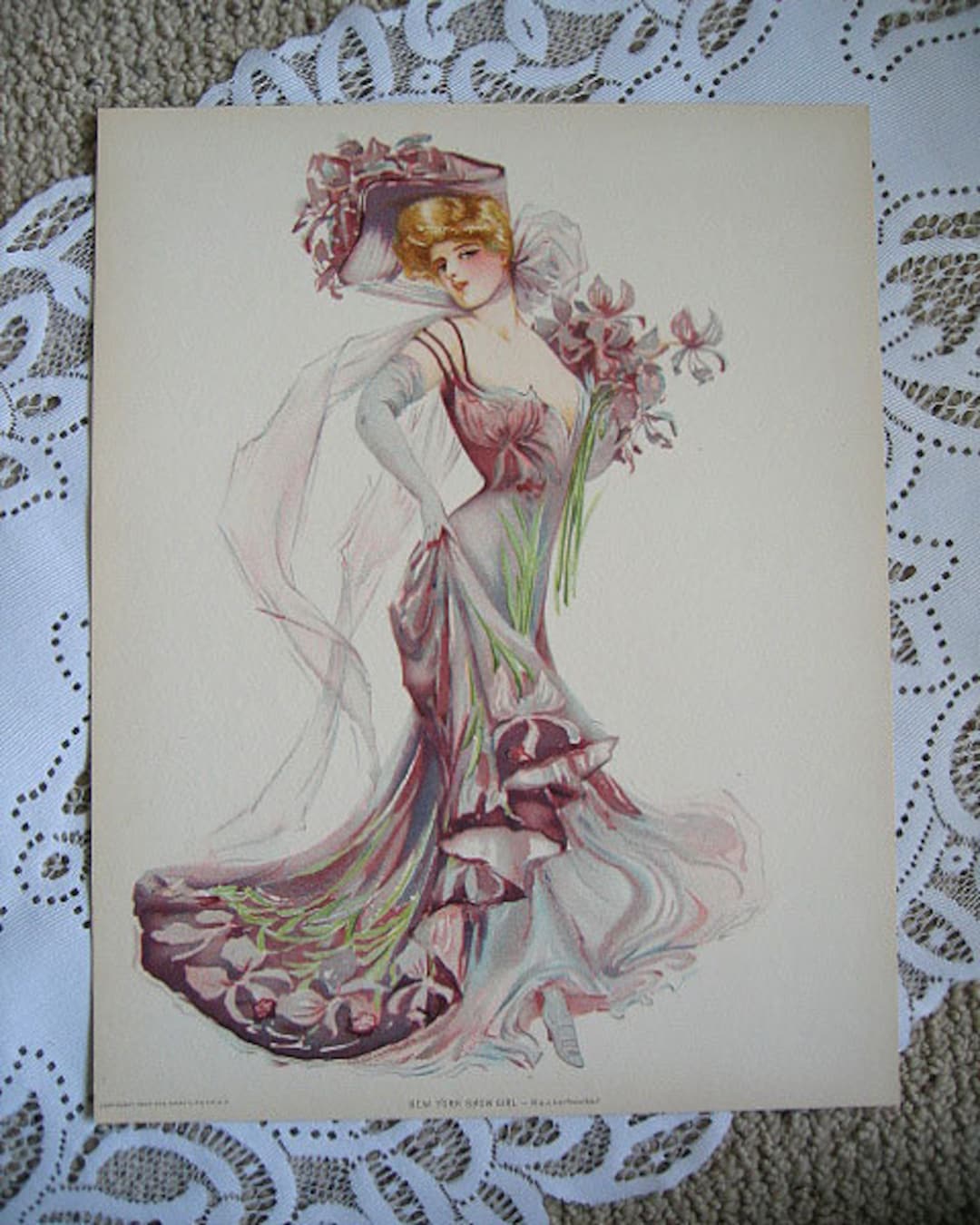Antique Lady Showgirl Print Stumm | Original Chromolithograph E420 | Woman Girl Art Orchids - Etsy