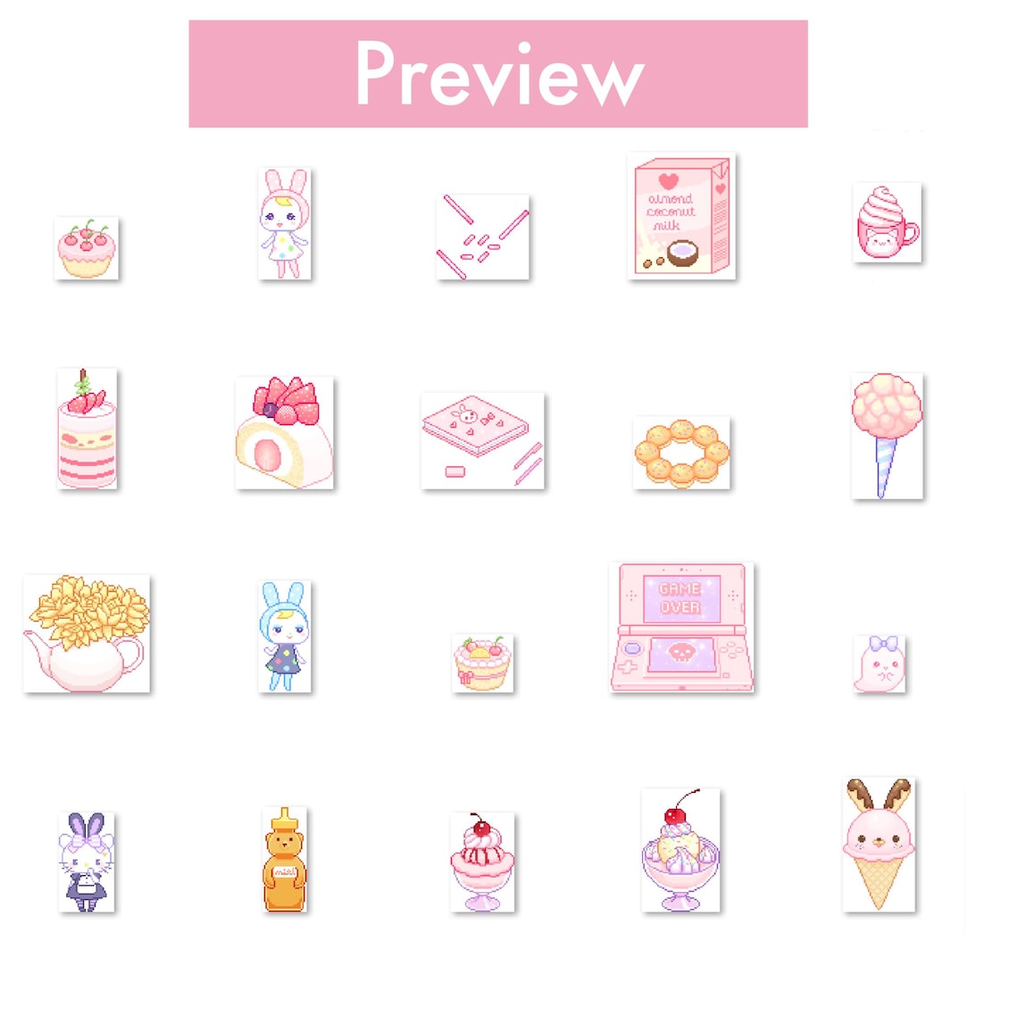 200 Pastel Pink Kawaii Aesthetic Pixel Art Icons Cute Pixel Art Asset ...