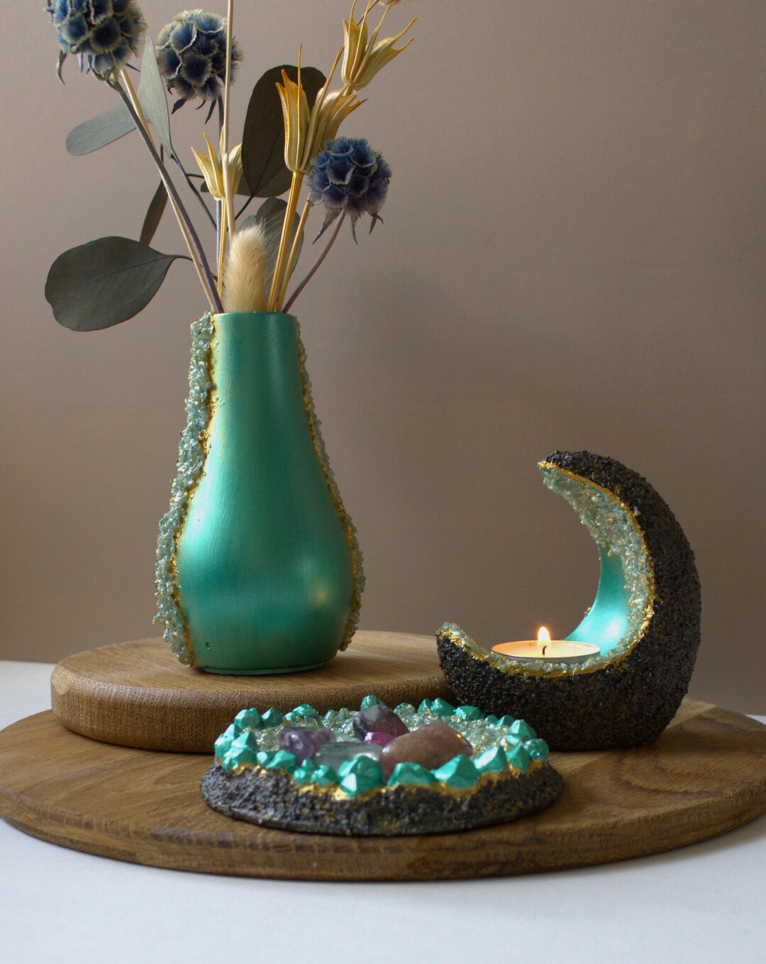 Emerald Decor Set-crystal Moon Candle Holder, Vase & Incense Dish - Etsy