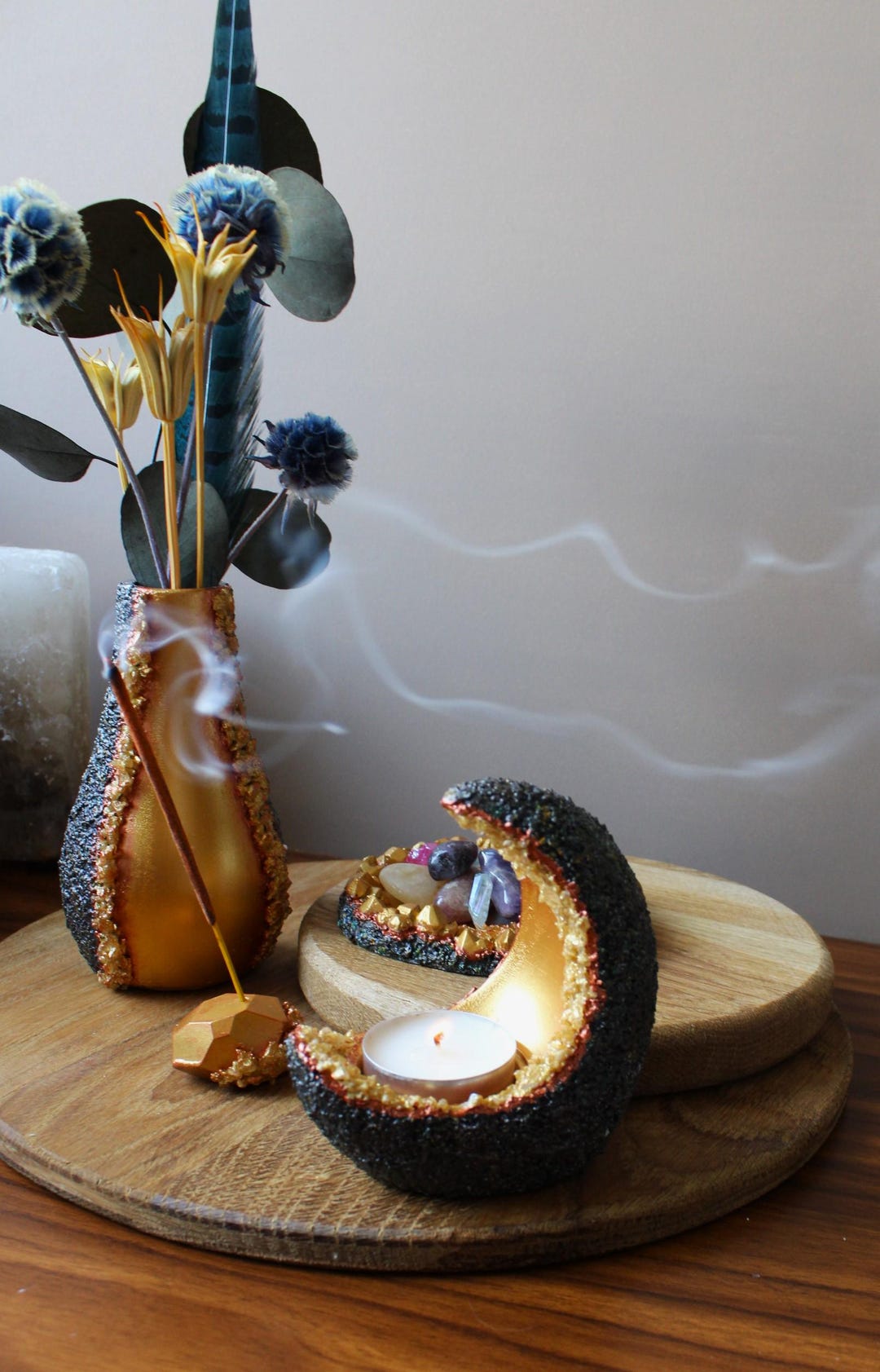 Handmade Geode Altar Set: Gypsum Crystal Decor, Incense & Candle Holder ...
