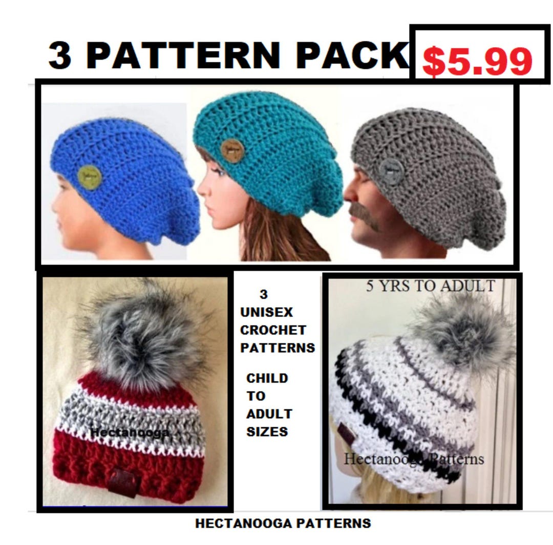 CROCHET HAT PATTERNS, 3 Pattern Pack Special Sale, Unisex Beanie ...