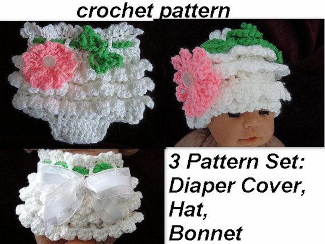 BABY Crochet Pattern, Ruffled Pants, Diaper Cover, Hat, and Bonnet, All ...