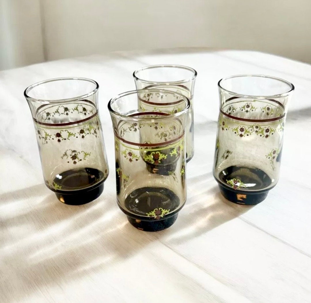 Set of 4 Vintage Libbey Drinking Glasses Smokey Floral Design, Vintage ...