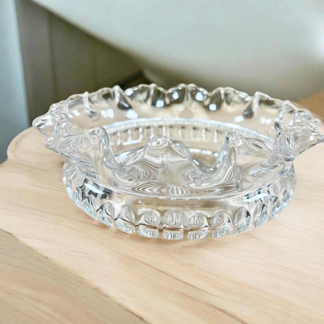 Vintage Clear Glass Ruffled Edge Bowl Mid-century Modern Decor Textured ...