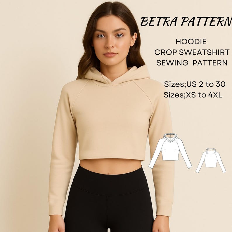 Hoodie Crop Sweatshirt Sewing Pattern: Raglan Sleeve, XS-4XL (PDF ...
